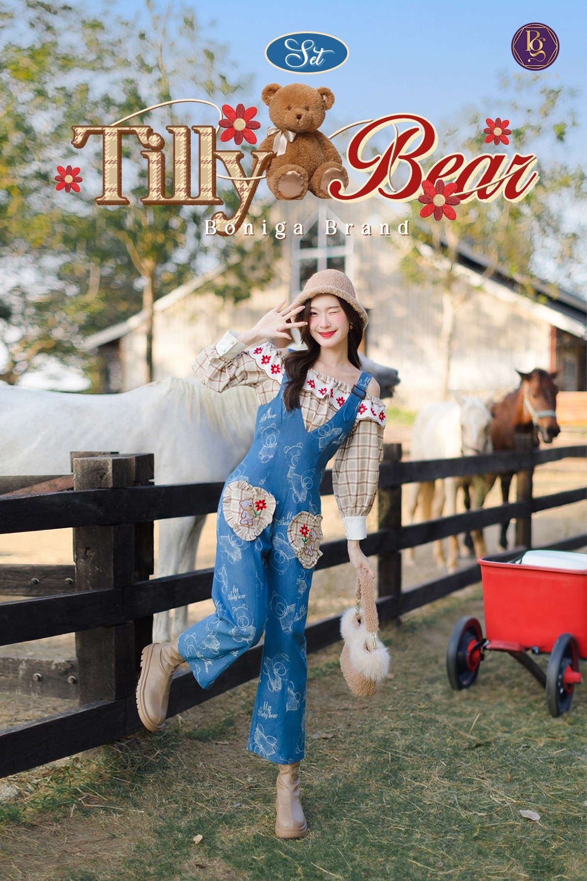 Tilly Bear Set ชุดเซ็ต 2 ชิ้น เอี๊ยมยีนส์พิมพ์ลาย + เสื้อแขนยาวปาดไหล่ ...