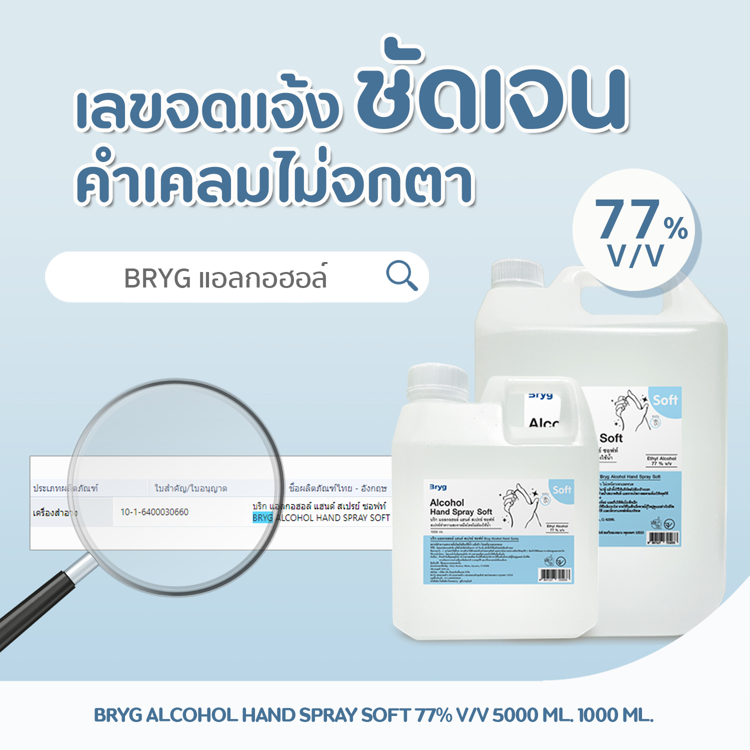BRYG ALCOHOL HAND SPRAY สูตร SOFT แอลกอฮอล์ 77 vv ขนาด 5000ml. SANITIZAER ชนิดน้ำ แอลกอฮอล์ FOOD ...