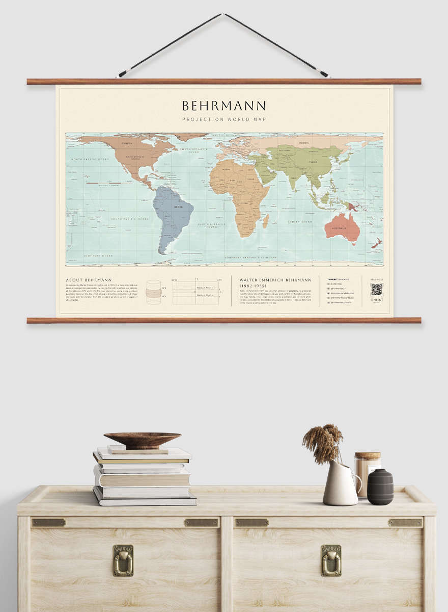 ภาพแขวนผนังแผนที่โลกโมเดิร์น: แบร์มันน์ โปรเจกชัน-มินิมอล คัลเลอร์ 2 ...