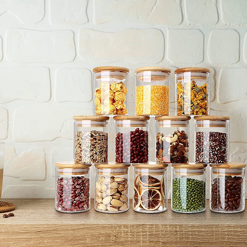 12 Pack Glass Jars Set, Spice Jars with Bamboo Lids, Clear Glass Food ...