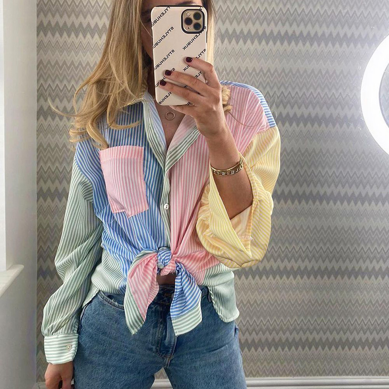 2021 Women's Shirt Contrast Color Patchwork Blouses And Shirts Single ...
