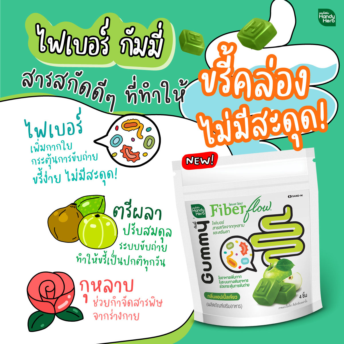 6 ซอง HandyHerb Fiber Flow แฮนดี้เฮิร์บ ไฟเบอร์ โฟลว์ 4 ชิ้น กลิ่นแอป ...