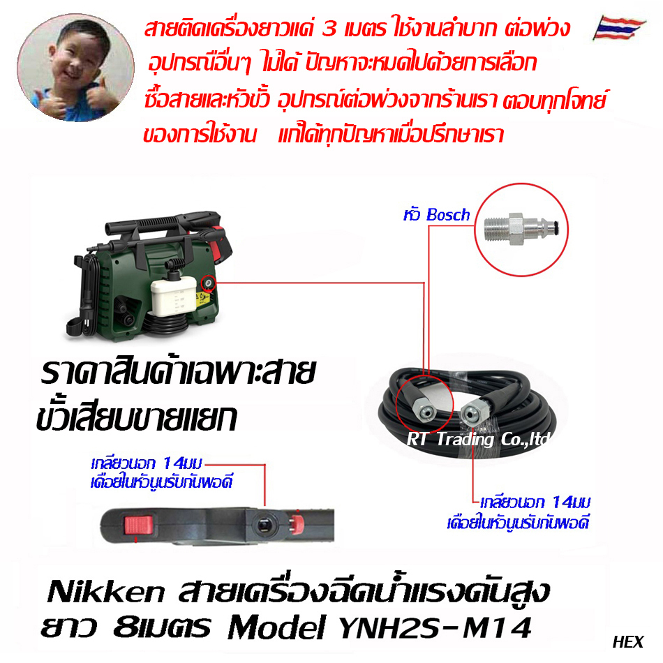 Nikken สายเครื่องฉีดน้ำแรงดันสูง 160บาร์ ยาว 8 เมตร NH2S-M14 เกรดเสริมใยเชือก YNH2S-M14 เกรด ...