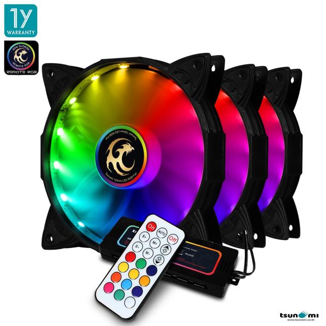 Tsunami Rainbow Series RGB Cooling Fan X 3 120mm with Remote Control ...