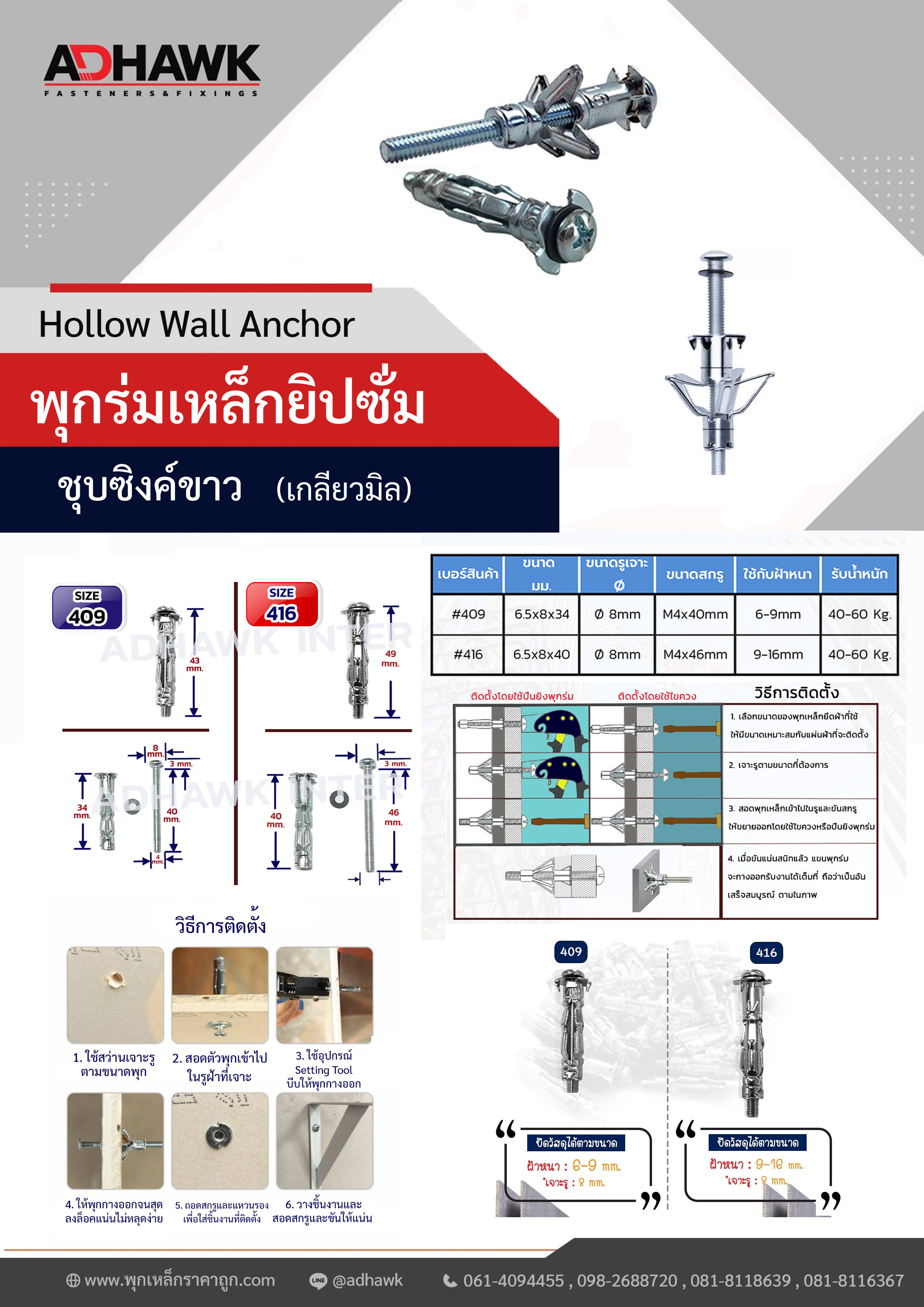 ADHAWK Hollow Wall Anchor พุกร่มเหล็กชุบซิงค์ สำหรับงานยิปซั่ม - Ad Hawk Inter Co.,Ltd. - ThaiPick