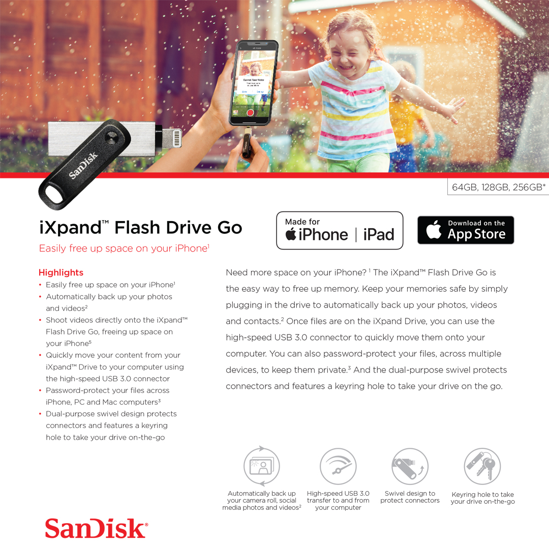 SanDisk iXpand Flash Drive Go 128GB 256GB for iPhone and iPad (SDIX60N ...