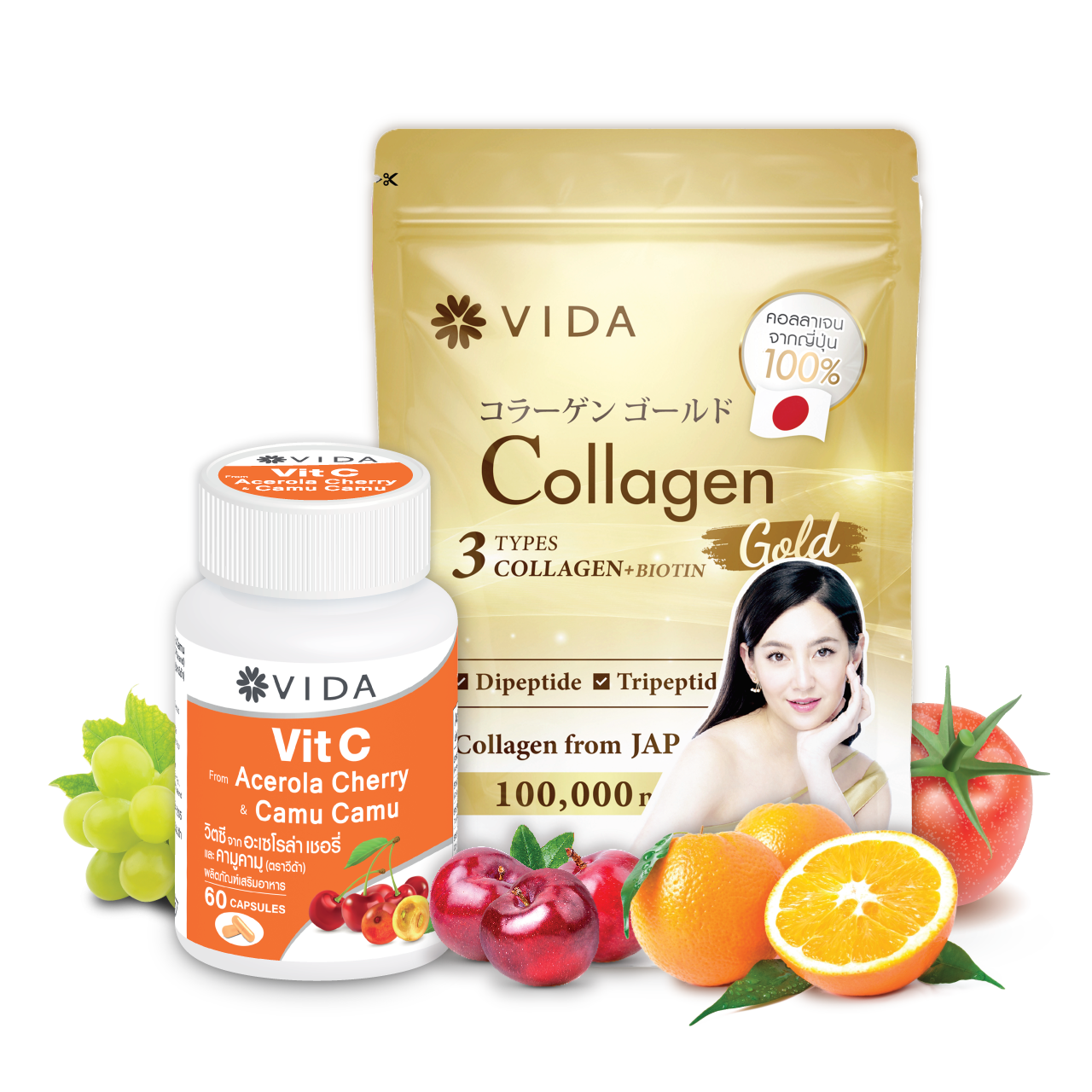 [Health & Beauty Set] Vida Collagen Gold 100g. 1 Sac. x Vida Vit C 60 Capsules 1 Jar. | Lazada.co.th