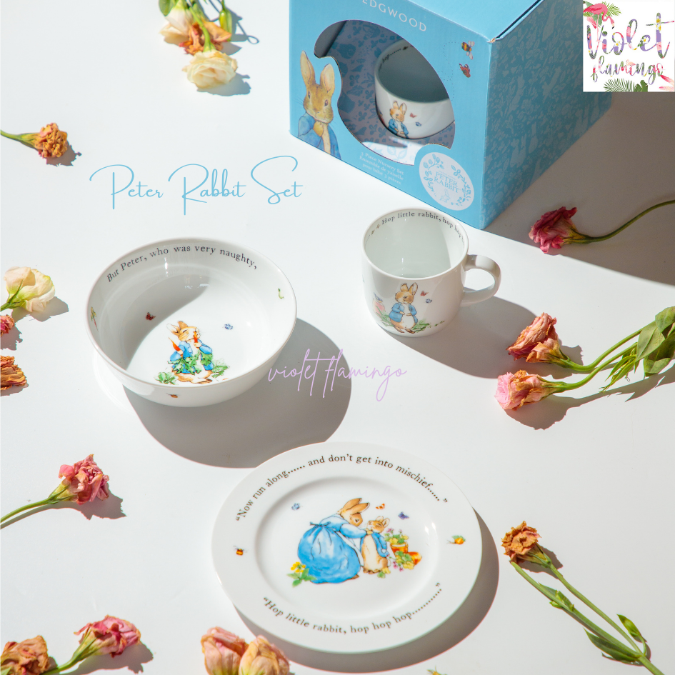 Violet Flamingo ชุดจานชามและแก้วมัค เซ็ต 3 ชิ้น Peter Rabbit จานเซรามิคลายกระต่าย มาพร้อมกล่อง ...