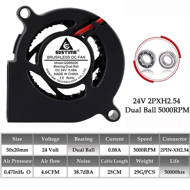 2 Pcs Gdstime 5020 Blower 24V 12V 5V Dual Ball Centrifugal Turbine Fan ...