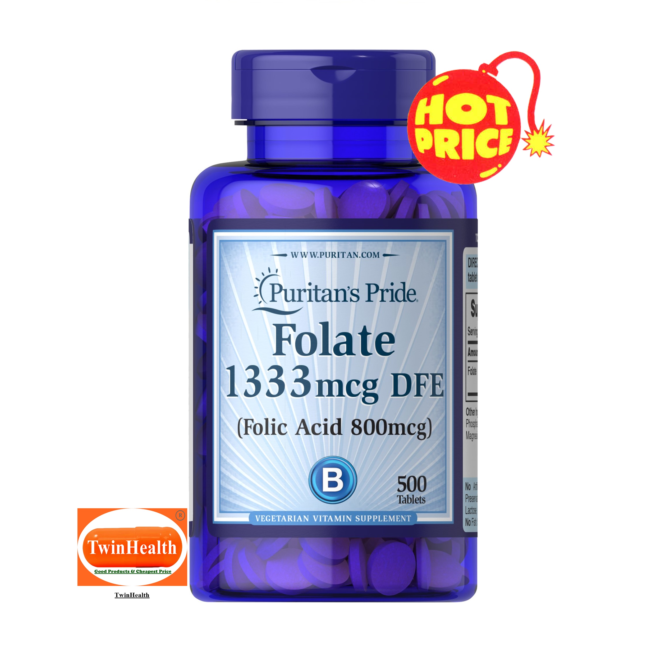 Puritan's Pride Folate 1333 mcg DFE ( Folic Acid 800 mcg) / 500 Tablets ...