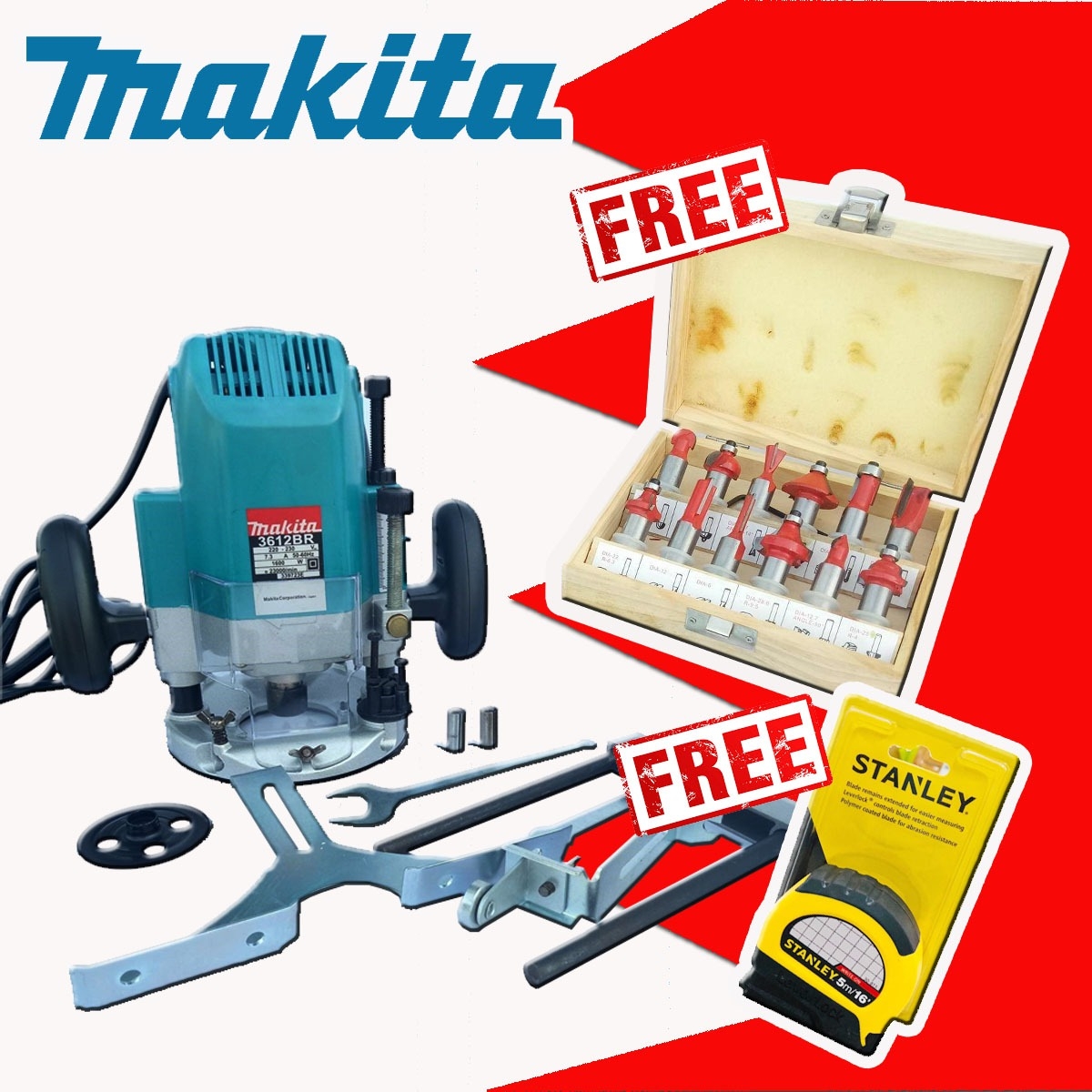 ชุดเราเตอร์ makita รุ่น 3612BR แถมดอก 12 ดอก + ตลับเมตร Stanley ...