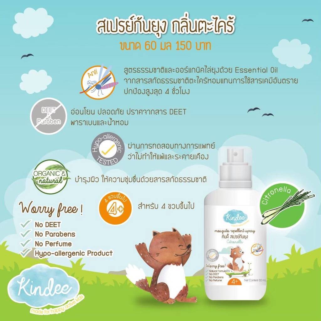 'พร้อมส่ง' Y007-4 Kindee คินดี้ สเปรย์กันยุง ออแกนิค กลิ่นตะไคร้หอม ไล่ยุง/แมลง ใช้ได้กับผู้ใหญ่ ...