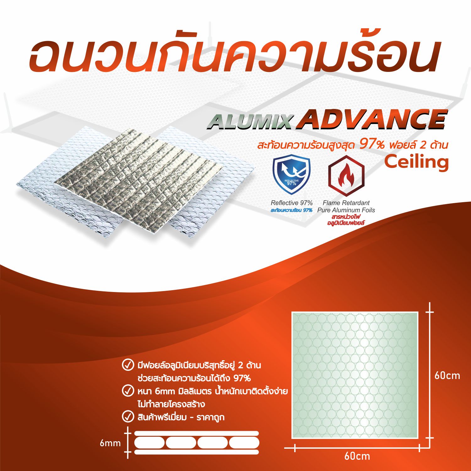 ฉนวนกันความร้อน PolyX ฉนวนสำหรับ ฝ้าทีบาร์ ฝ้าเพดาน สะท้อนความร้อน 95% ...