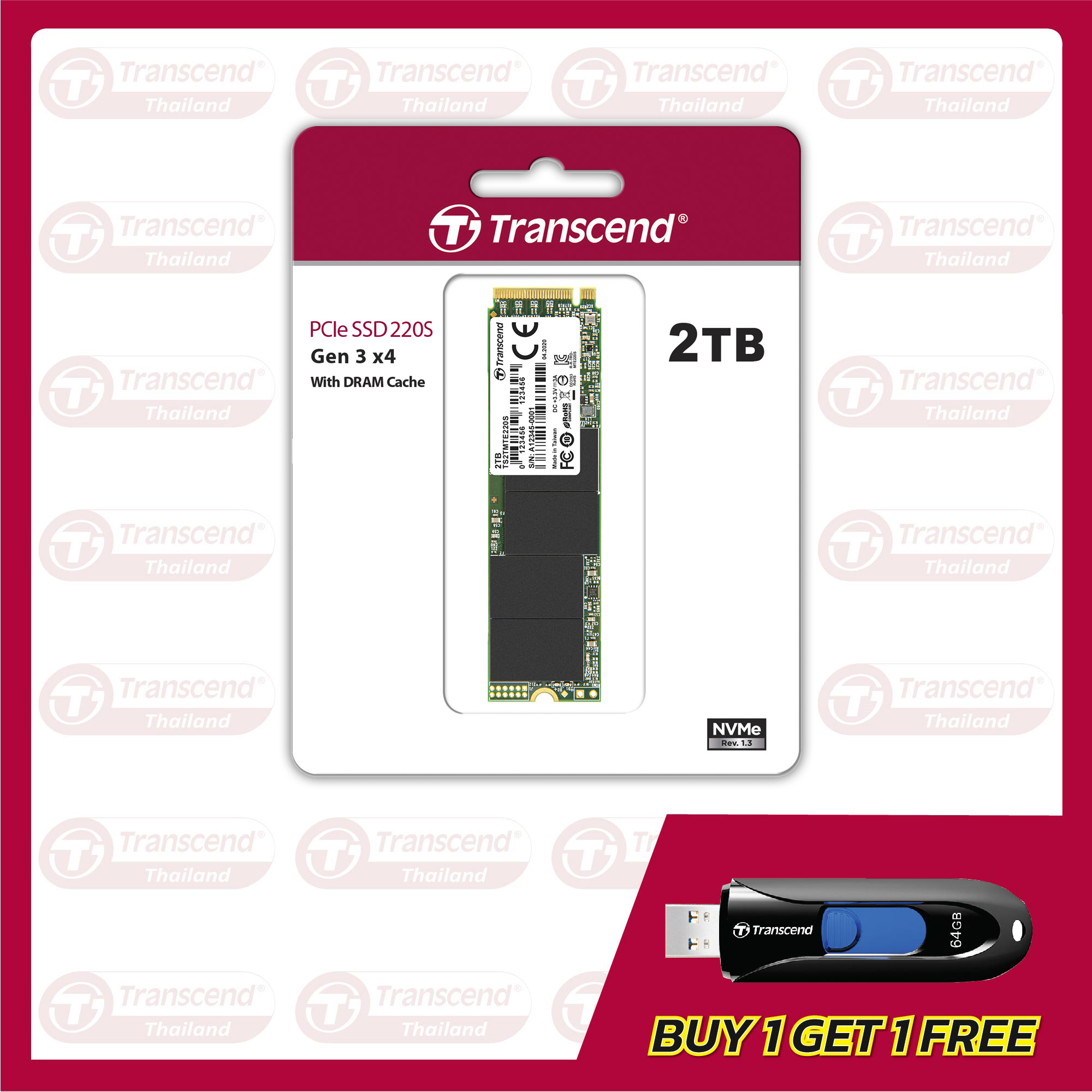 PCIe NVMe M.2 SSD 2TB ** แถมฟรี! Flash Drive : TS64GJF790K ** Transcend ...