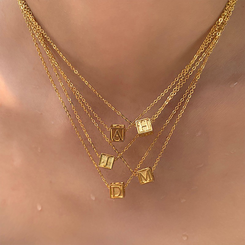 seadada สร้อยตัวอักษร A-Z สร้อยพร้อมจี้ 14k squares letter necklace - 1Kst4MFo - ThaiPick