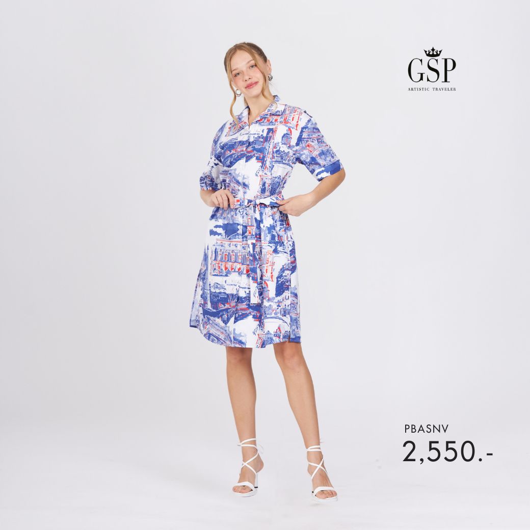 GSP Dress Postcard เดรส ทรงหลวม สีน้ำเงิน ขาว แดง PBASNV - A'MAZE ...