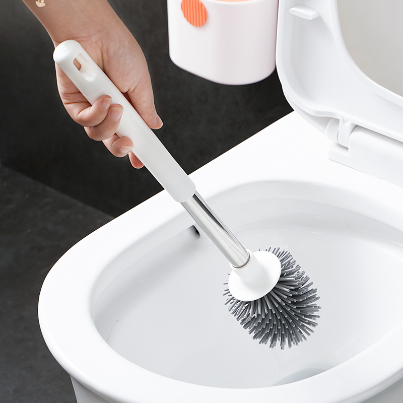 Silicone Toilet Brush With Holder Set Long Handled Round TPR Cleaner ...
