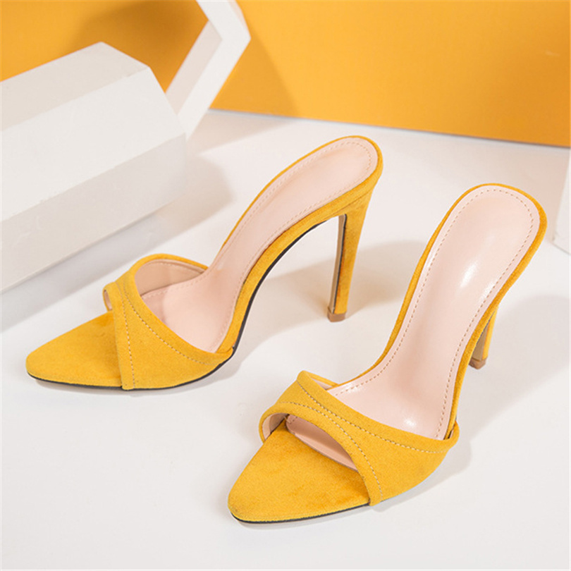 Women Summer 11.5cm High Heels Slides Mules Sandals Lady Flock Yellow ...