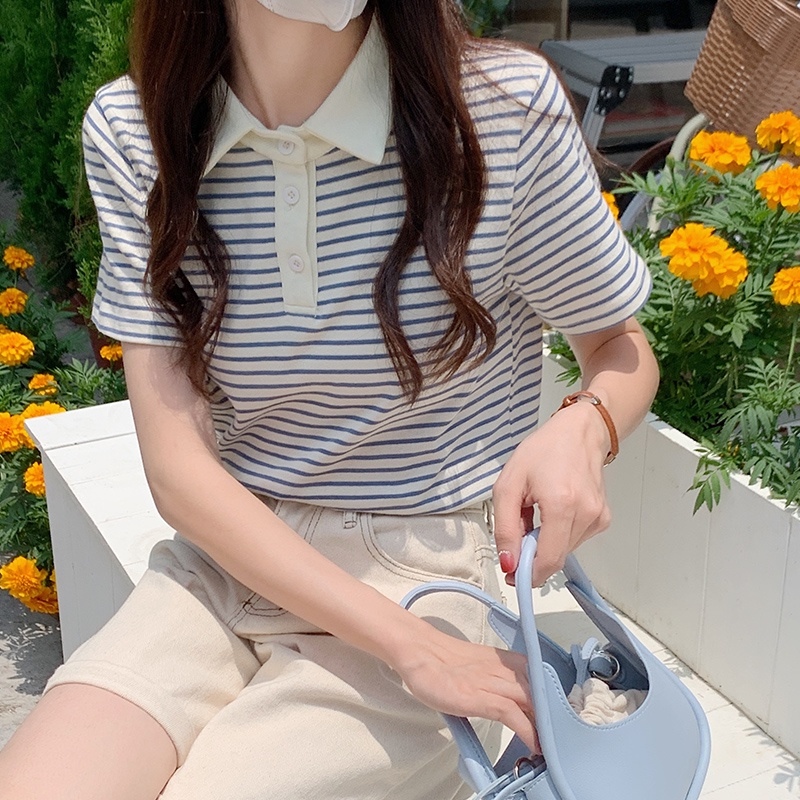 DH100-1.74 เสื้อยืดทรงโปโล แขนสั้น ผ้าฝ้าย ลายทาง ทรงหลวม เข้ากับทุกการแต่งกาย สไตล์วินเทจ เรียบ ...