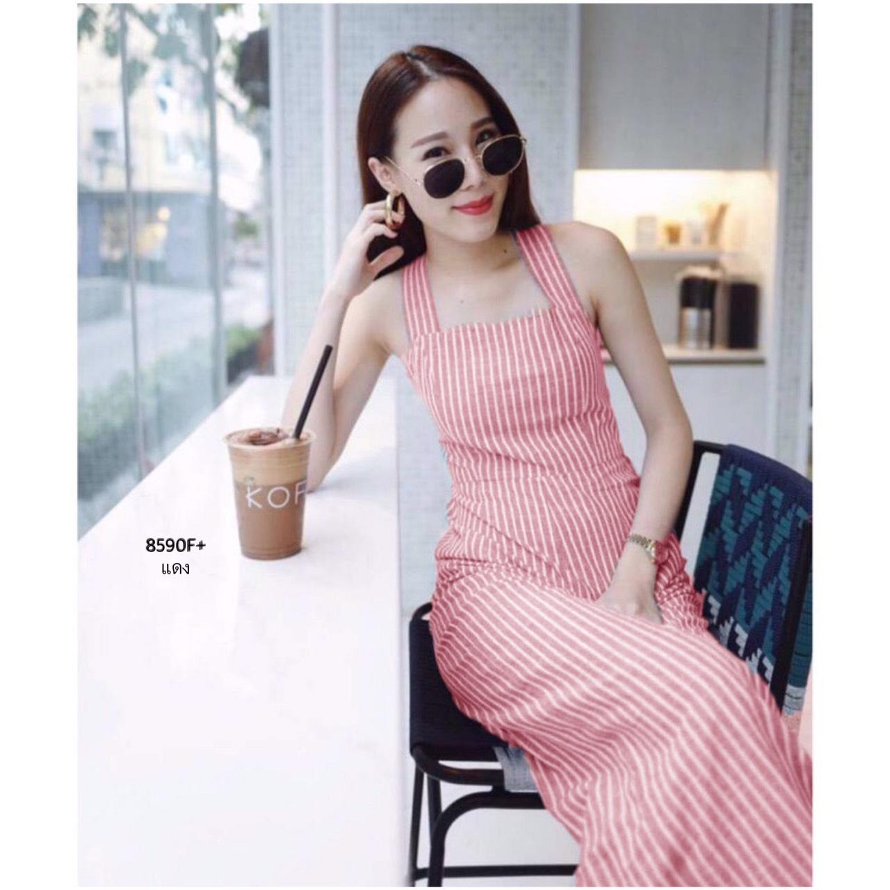 J8590 Jumpsuit จั๊มสูท ลายริ้ว ไขว้หลัง - JShop Fashion - ThaiPick