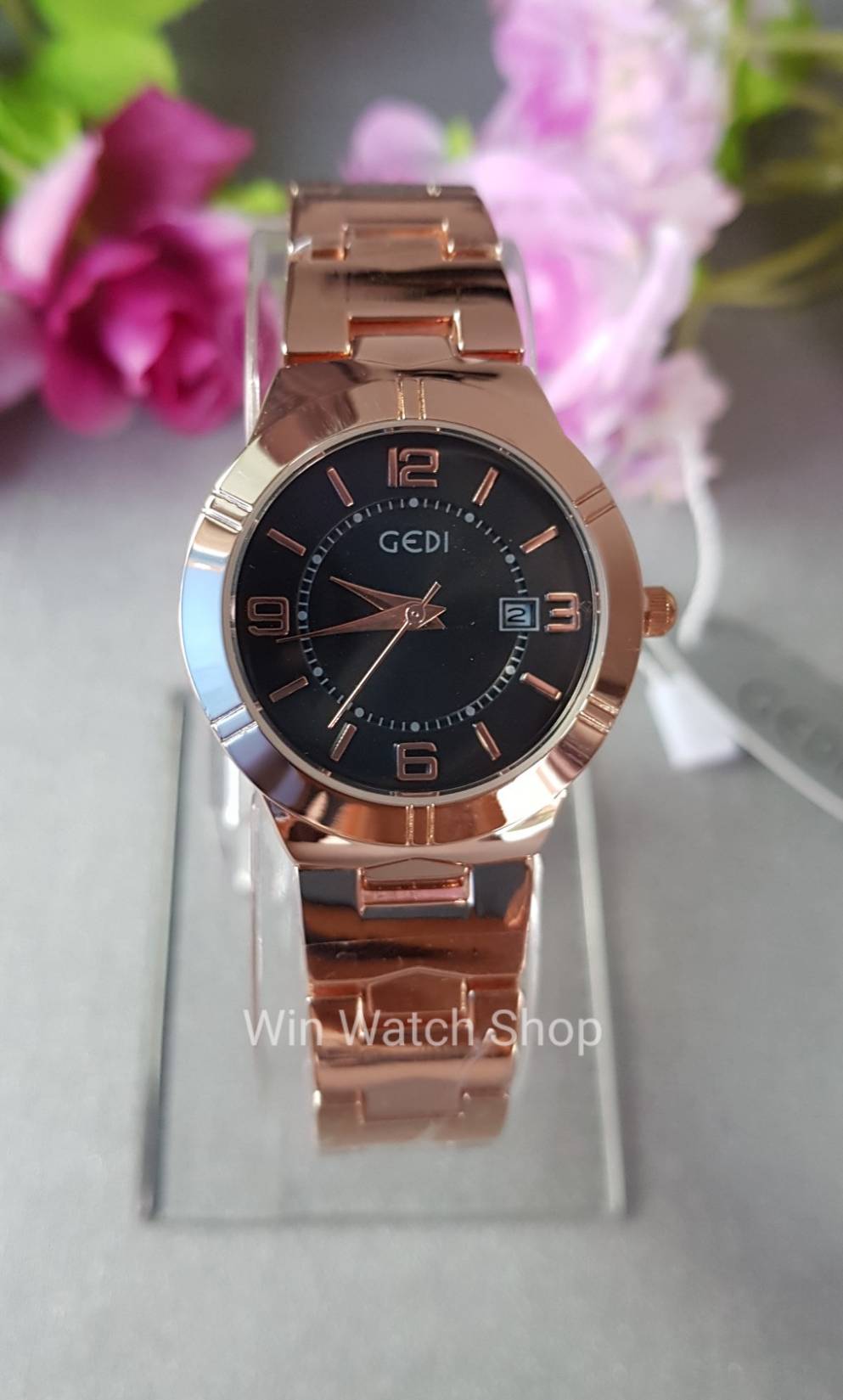 (ส่งฟรี) GEDI Watch นาฬิกาเกาหลี สายแสตนเลสสีพิงค์โกลด์ หน้าปัดดำ มีวัน ...