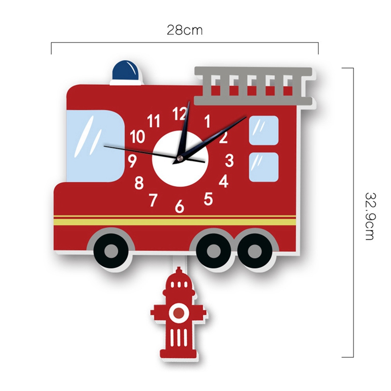 Fire Truck Wall Clock With Pendulum Silent Movement Funny Hanging Watch ...