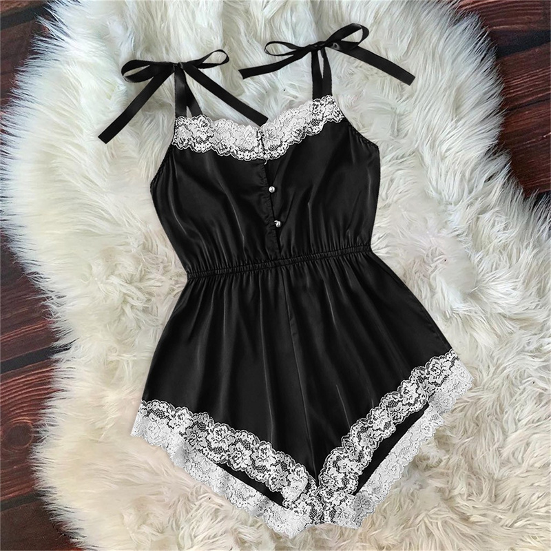 Tangoo Ladies Sexy Silk Satin Pajama Set Lace Pyjama Set Sleeveless
