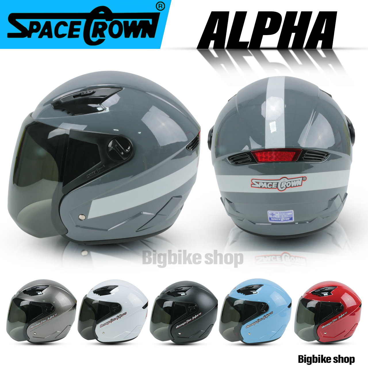 SPACE CROWN หมวกกันน๊อค รุ่น ALPHA รุ่นพิเศษ ด้านหลังมีแถบสะท้อนแดง โดด ...