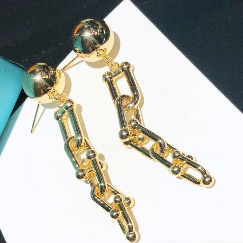 TIF 1:1 Original LOGO Golden Ball-shaped Horseshoe Long Earrings High ...