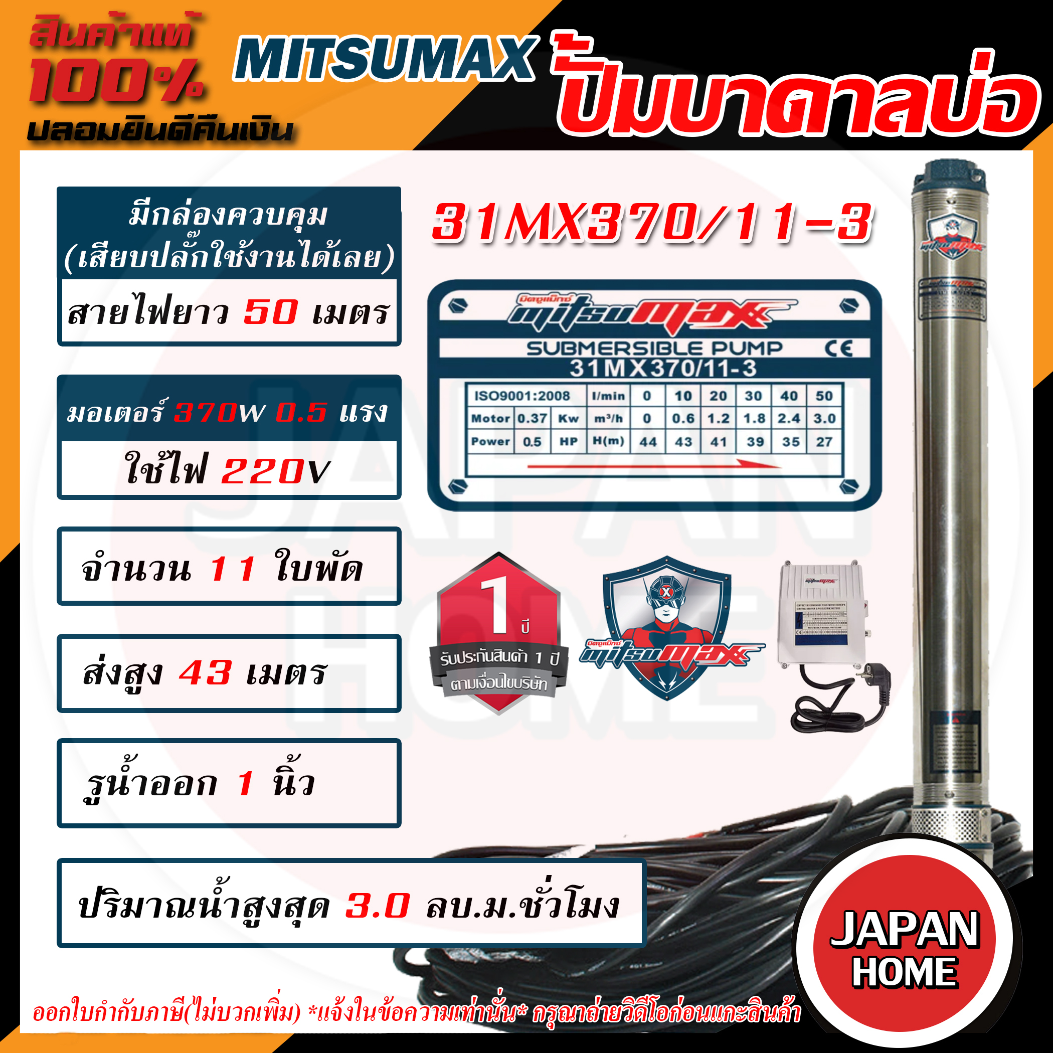 MITSUMAX ปั๊มบาดาล รุ่น 31MX37011-3 บ่อ 3 นิ้ว 0.5 แรงม้า 220V 11 ใบพัด ...
