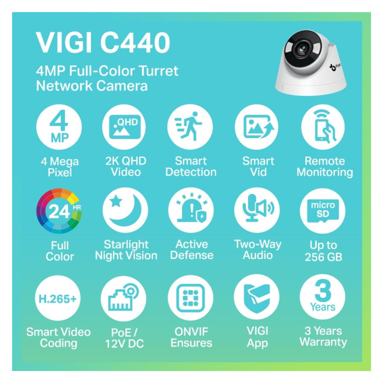 VIGI C440 (กล้องวงจรปิด) VIGI 4MP Full-Color Turret Network Camera - Blue Com - ThaiPick