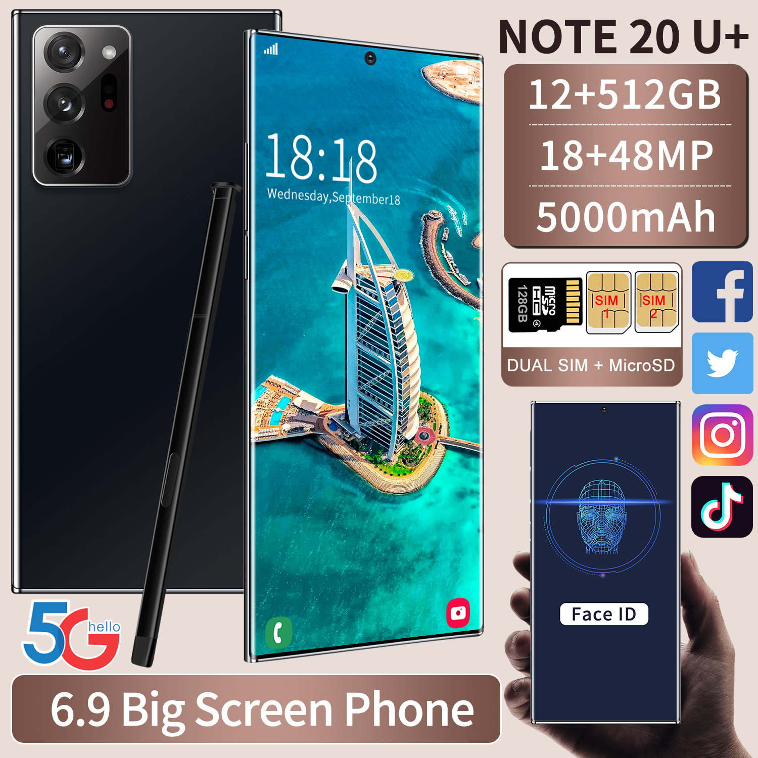 【จัดส่งฟรี】Note20U+ 12GB RAM+512GB ROM Smartphone HD 6.9 นิ้วแบบเต็มหน้าจอแฟชั่นสมาร์ทโฟนแชทโฟน ...