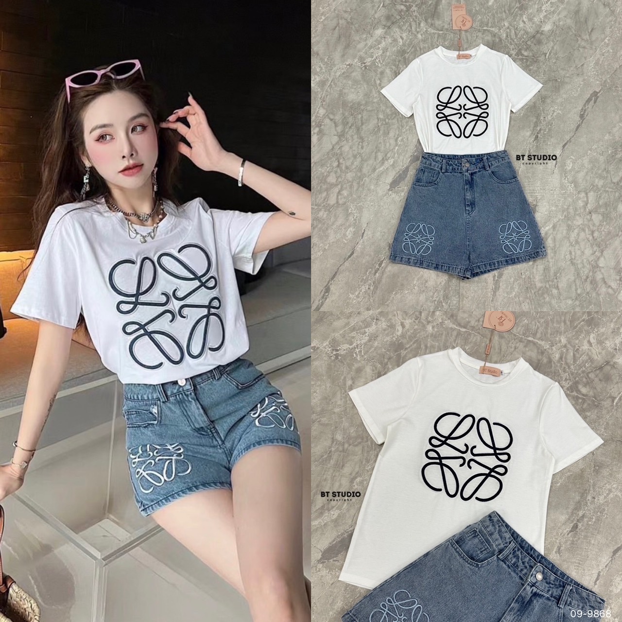 งานป้าย BT-Studio set 2ชิ้นเสื้อยืดแขนสั้นช่วงอกปักด้วยเส้นด้ายสีดำ แมทซ์กับกางเกงยีนส์ขาสั้นซิป ...