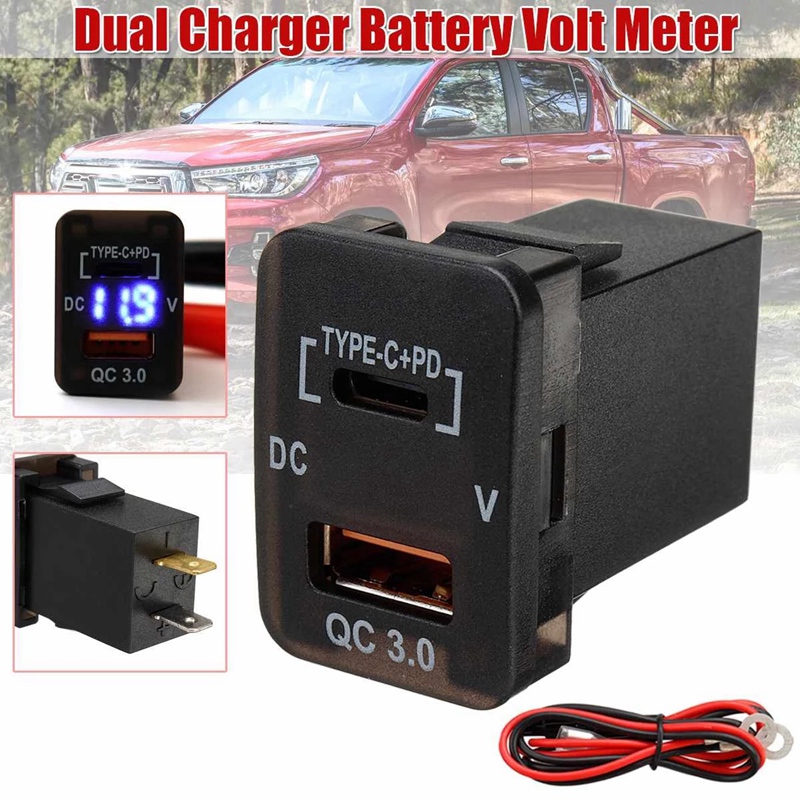 Car Type-C+PD QC3.0 Charger Dual USB Adapter Dashboard Socket Voltmeter ...