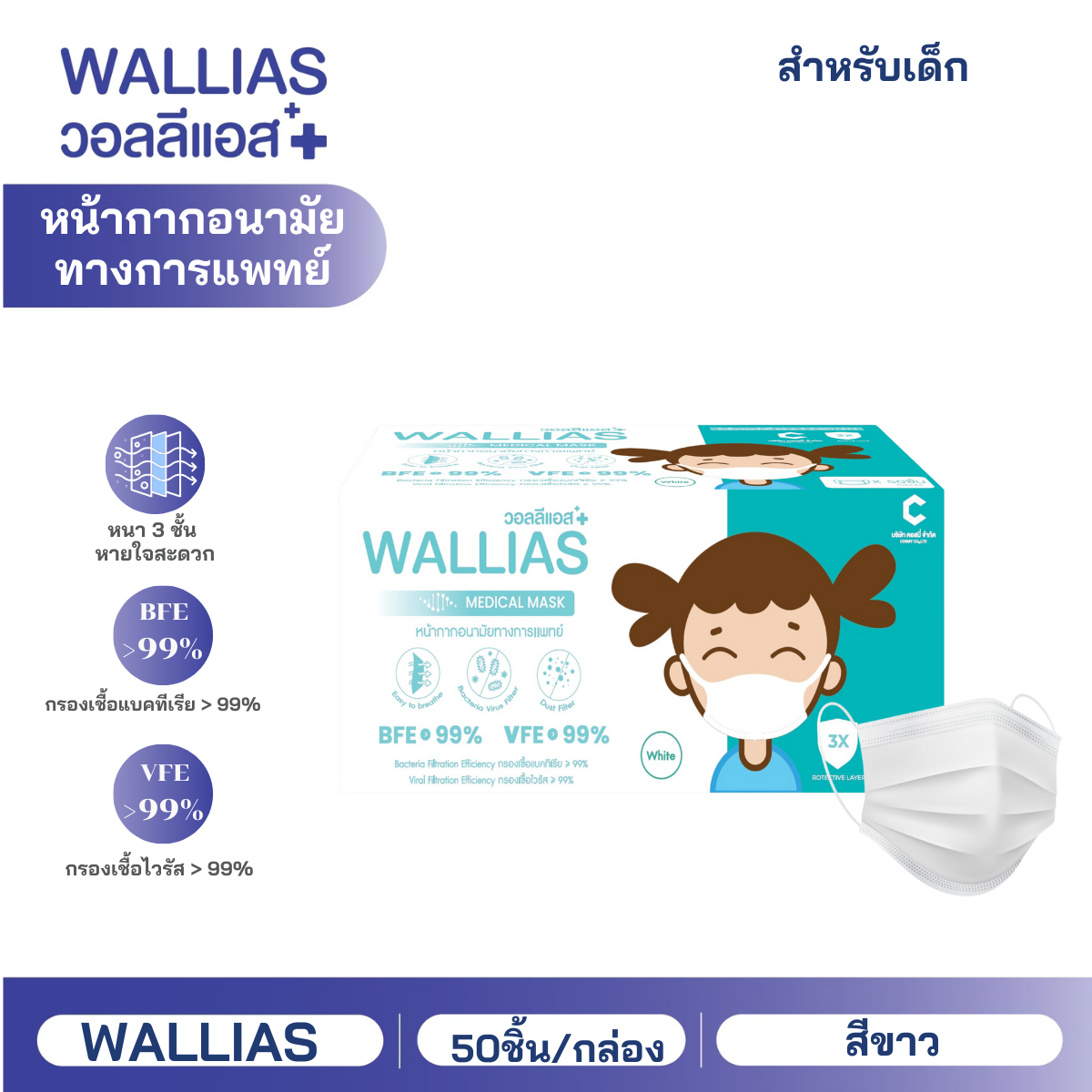 หน้ากากอนามัยทางการเเพทย์เด็ก ยี่ห้อ WALLIAS KID หนา 3 ชั้น ป้องกันได้ถึง 99 % บรรจุ 50 ชิ้น / 1 ...