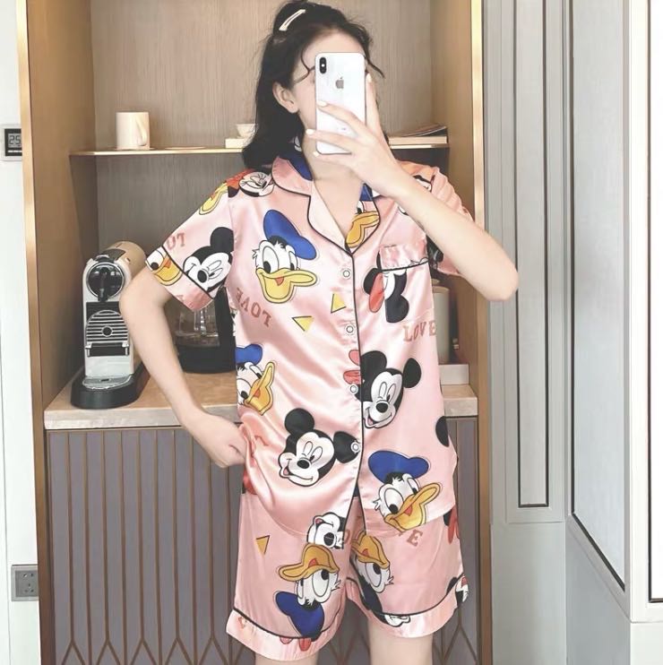 tichada 802-25 เสื้อนอนคอปกแขนสั้นขาสั้นผ้าซาตินนิ่มใส่สบายไม่เครืองผิวสีสด (สินค้าพร้อมส่ง ...