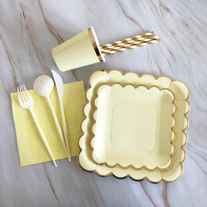 Gold Yellow Disposable Tableware Set Party Paper Plates Napkins Cup ...