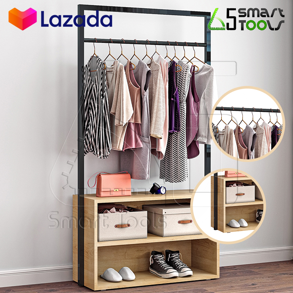 InnHome ราวแขวนเสื้อผ้าและชั้นวางอเนกประสงค์ 2in1 ราวแขวนผ้าพร้อมชั้นวางของ 2 ชั้น ราวแขวนผ้า ...