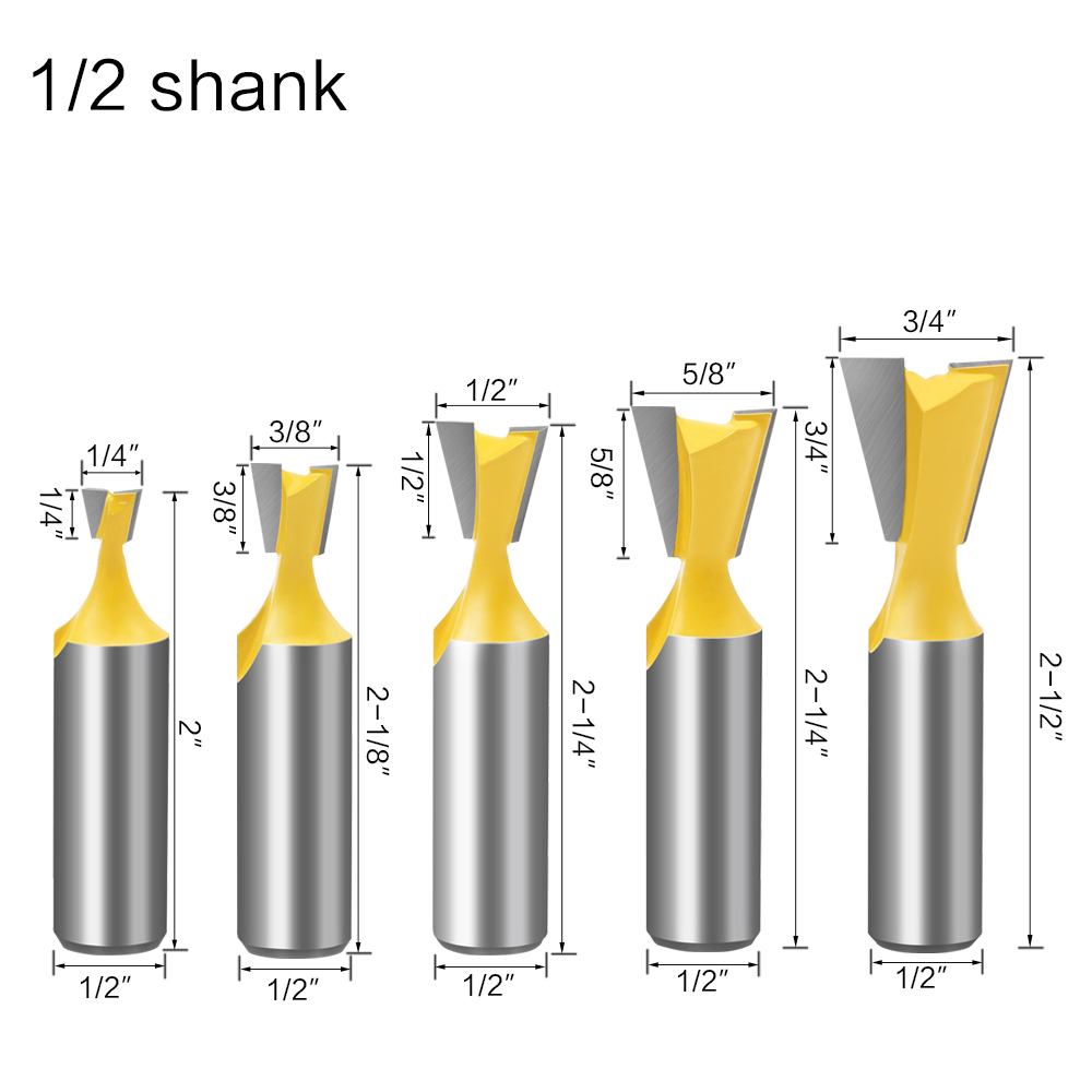 5pcs 12mm Shank 1/2 Dovetail Joint Router Bits Set 14 Degree ...
