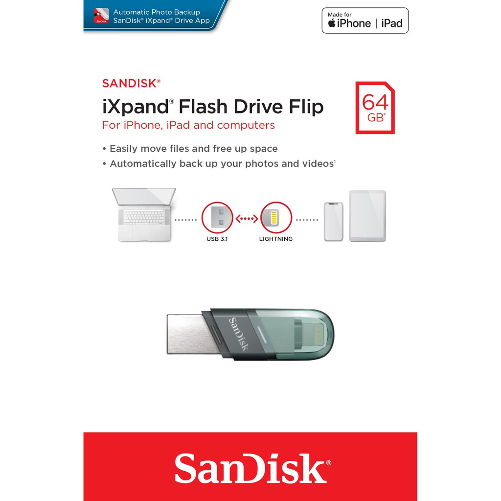 SanDisk iXpand Flash Drive Flip USB3.0 64GB For IOS iPhone, iPad and ...