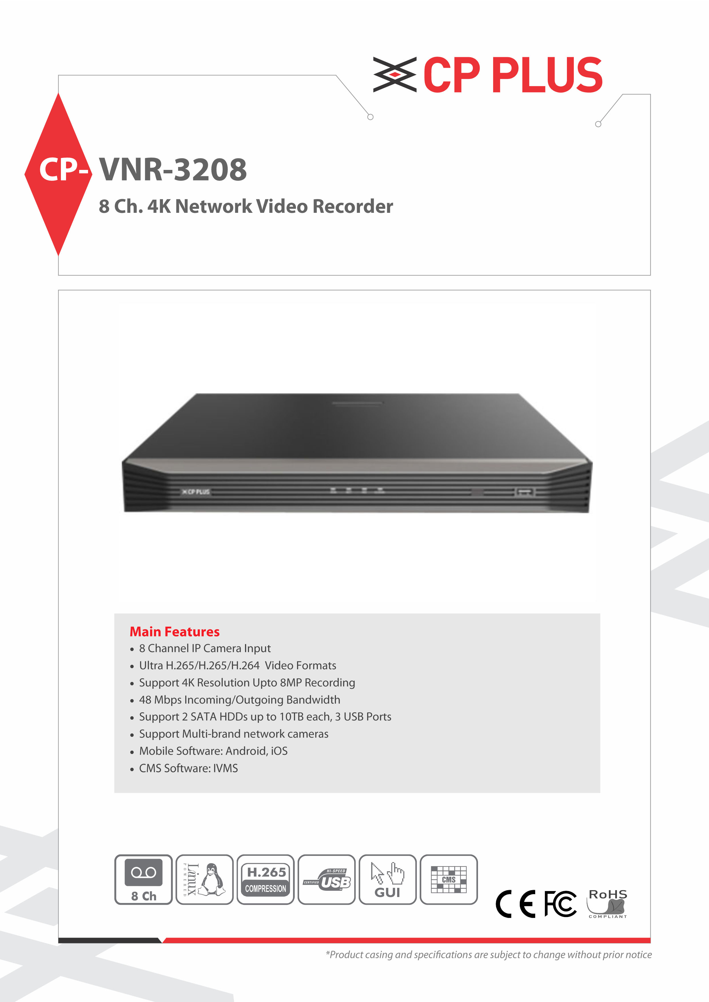 CP PLUS เครื่องบันทึกวงจรปิด ระบบ IP (NVR) 8CH CP-VNR-3208 BY BILLIONAIRE SECURETECH ...