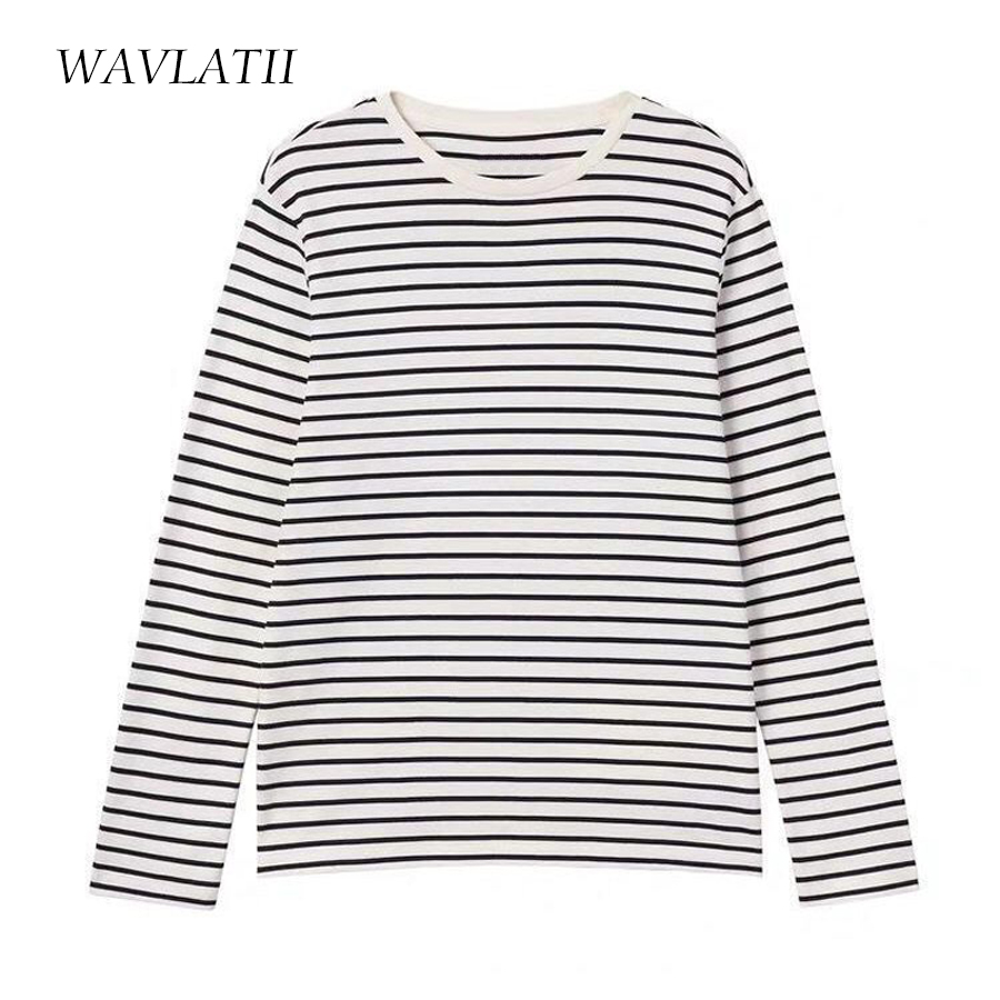 Wavlatii Women 2021 New Long Sleeve T Shirts Female Cotton White Black