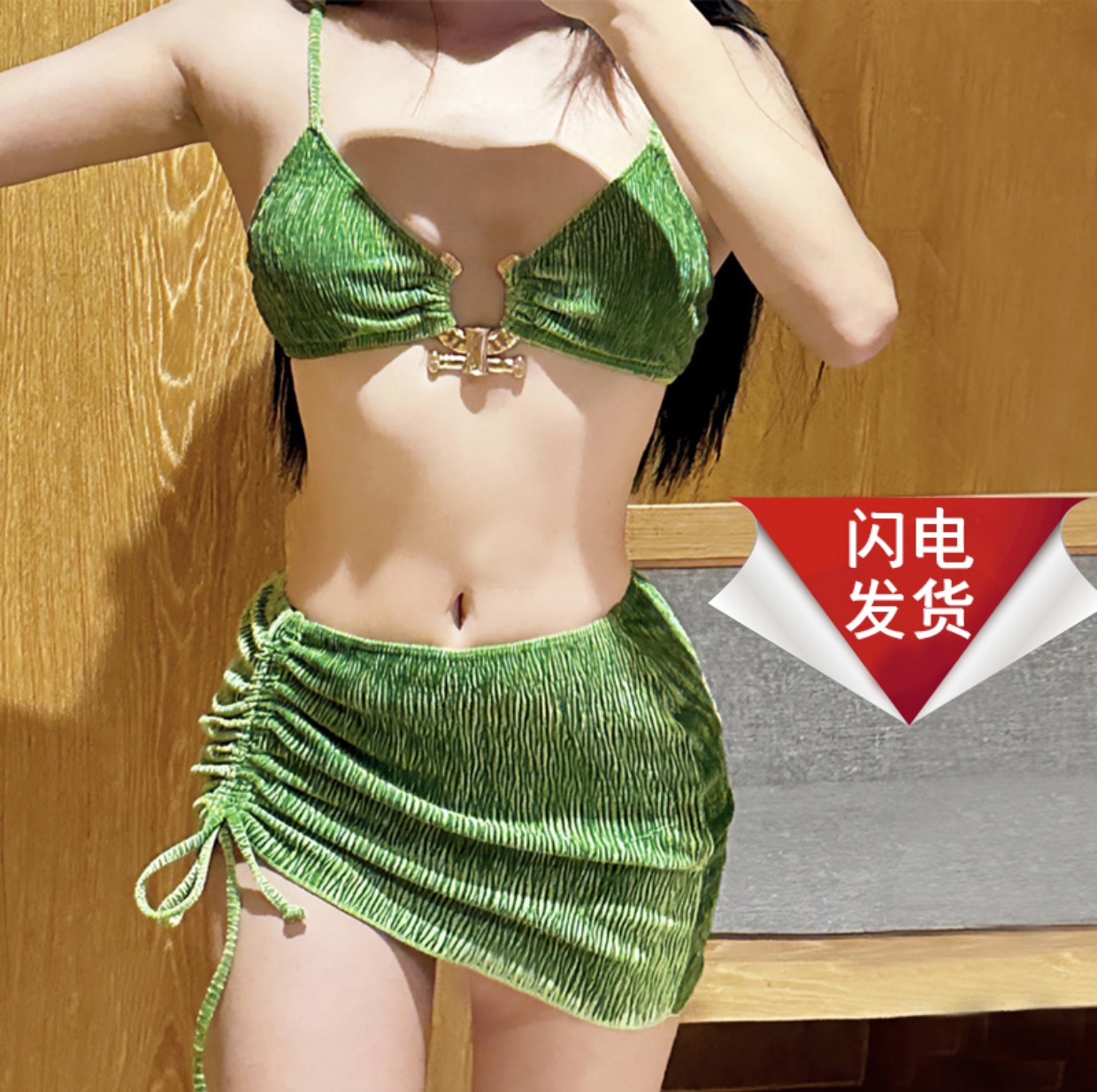 38 58kg ชุดว่ายน้ําบิกินี่ ผ้ากํามะหยี่ สีเขียวมัทฉะ สามชิ้น Sex Bikini