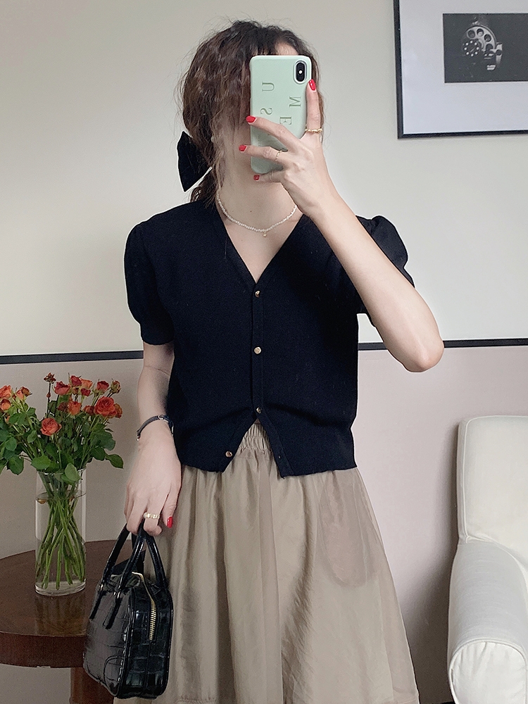 Gakki เสื้อยืดสเวตเตอร์ถัก เสื้อคลุมแขนสั้นไหมพรม ผ้านิ่มใส่สบาย ฟรีไซส์ สีพื้นพร้อมส่ง 1203 ...