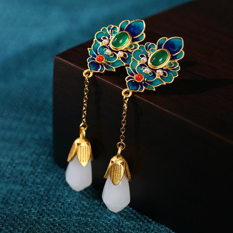 Chinese style palace retro jewelry enamel craft agate Hetian magnolia ...