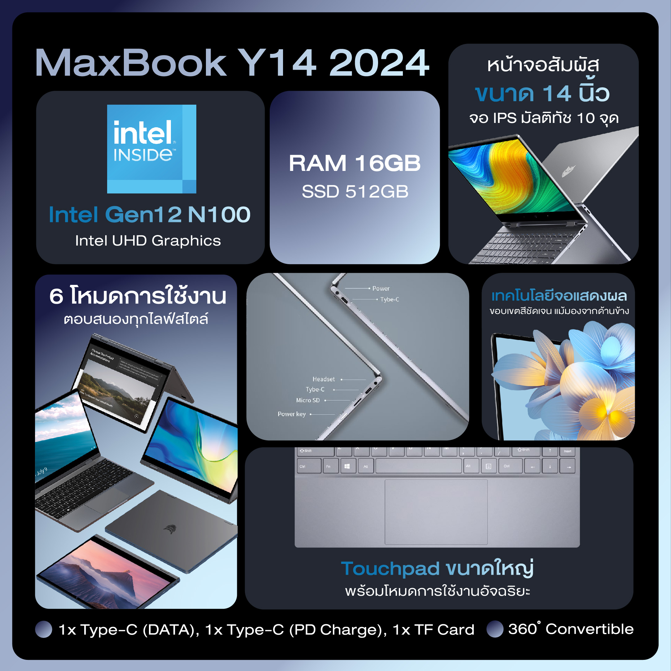 BMAX Notebook Y14 2024 2-in-1 laptop 360 yoga 14 นิ้ว Intel Gen12 N100 ...