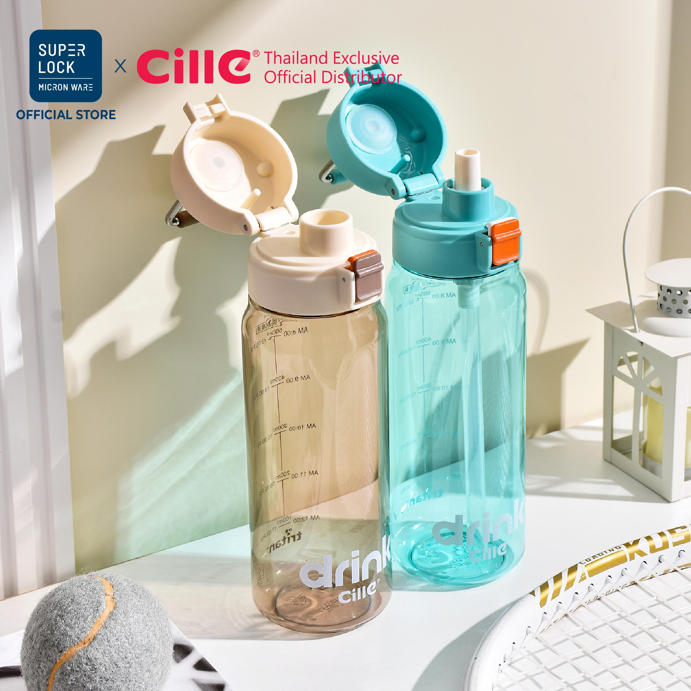 รับประกัน 1 ปี Cille Lite กระบอกน้ำพลาสติก Tritan ทนอุณภูมิร้อน-เย็น Water Bottle มีหลอดในตัว ...