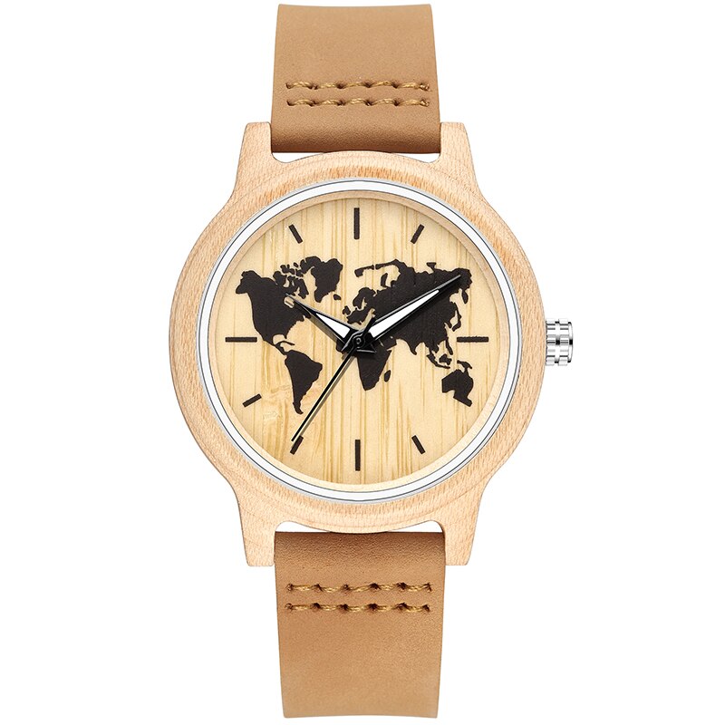 Natural Bamboo Wood Watch for Men Earth World Map Watches Leather Strap ...