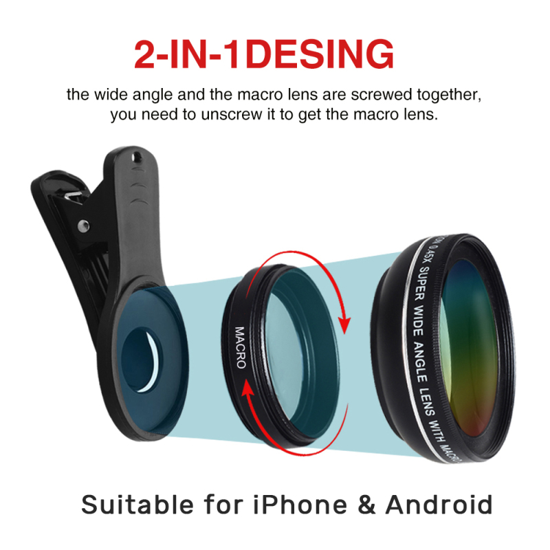 เลนส์เสริมมือถือ เลนส์กล้องมือถือ 2 in 1 Super wide angle 0.45x & Macro 15x Lens Phone Camera ...