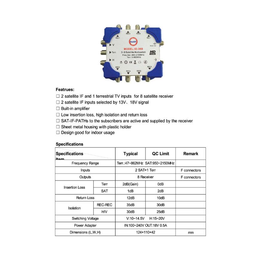 มัลติสวิตช์ iDeaSat Multi Switch ID-36B 3x6 (เข้า3ออก6) มีไฟ แถมสายADAPTERพร้อมเข้าหัว (หัวLINK ...